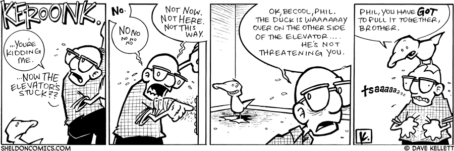 What happens in the elevator? - Sheldon® Comic Strip