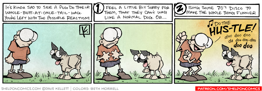 How does Sheldon react to a pug tail wag? - Sheldon® Comic Strip