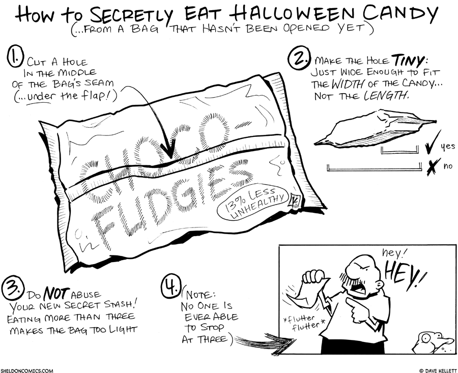 How do you secretly eat Halloween candy? - Sheldon® Comic Strip
