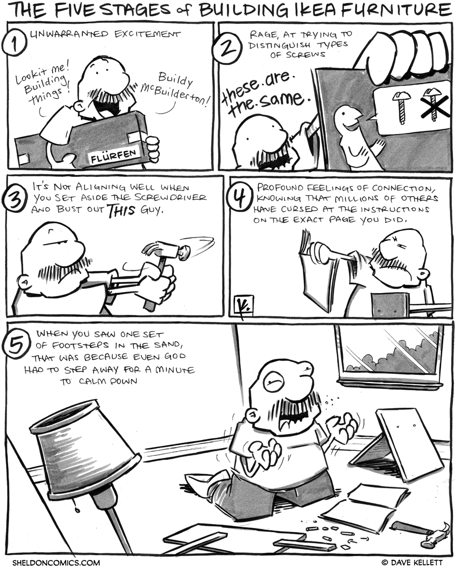 What are the five stages of building Ikea furniture? - Sheldon® Comic Strip