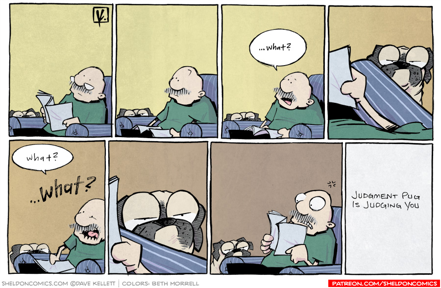 Gramp reads the paper while Oso... - Sheldon® Comic Strip